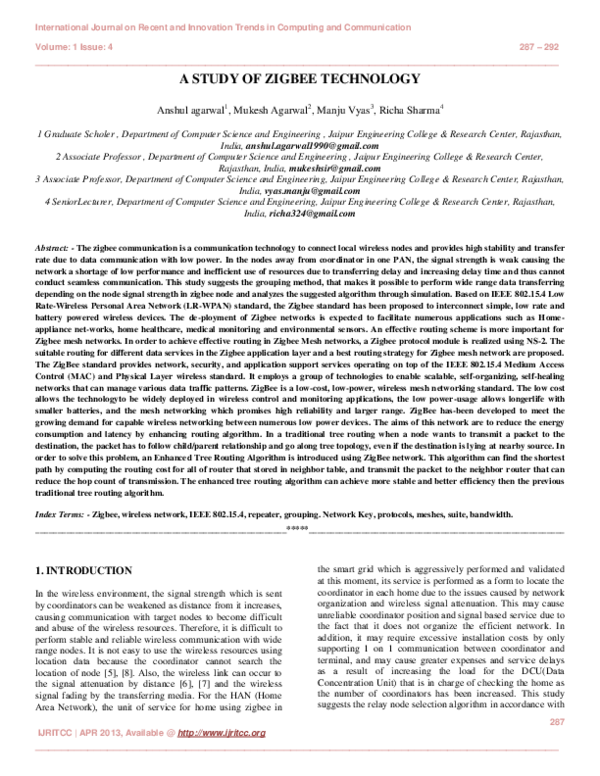 (PDF) A STUDY OF ZIGBEE TECHNOLOGY