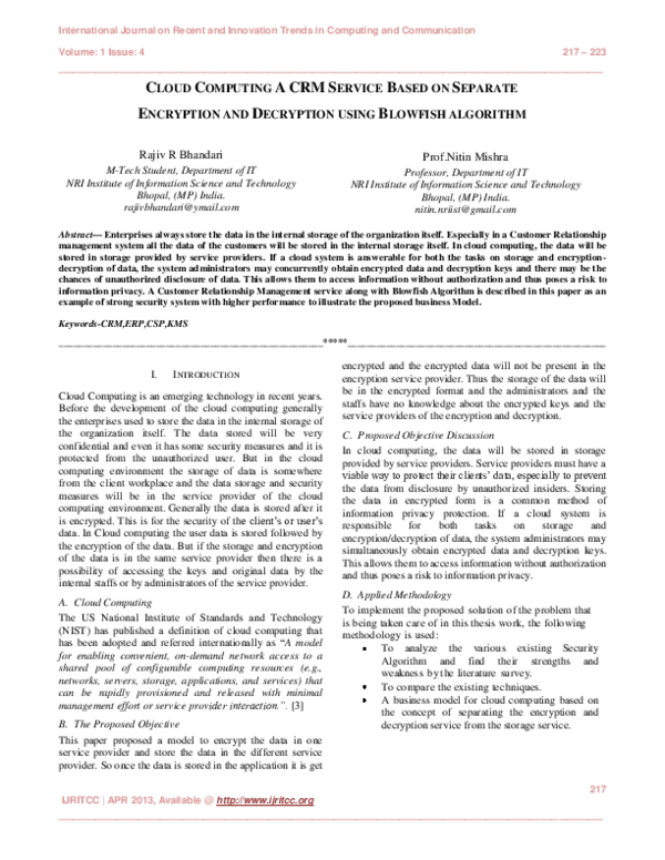 (PDF) CLOUD COMPUTING A CRM SERVICE BASED ON SEPARATE ENCRYPTION AND DECRYPTION USING BLOWFISH ...