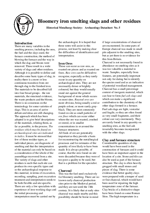 (PDF) Archaeological Datasheet No.5 : Bloomery Iron Smelting Slags and ...