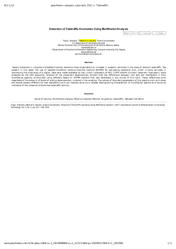 Pdf Detection Of Teletraffic Anomalies Using Multifractal Analysis