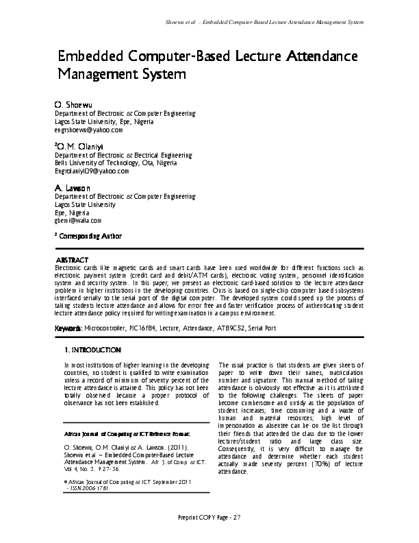 (PDF) Embedded Computer Based Lecture Attendance Management System