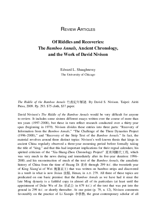 (PDF) Of Riddles and Recoveries: The Bamboo Annals, Ancient Chronology ...