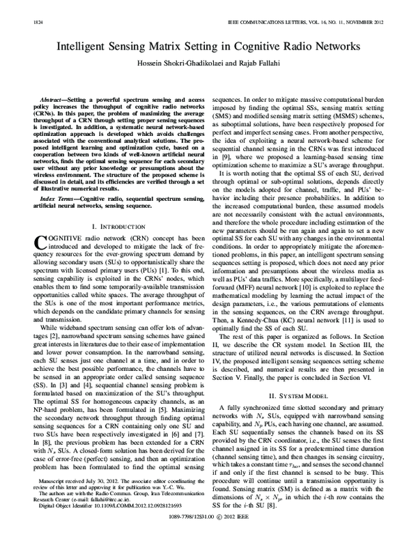 Pdf Intelligent Sensing Matrix Setting In Cognitive Radio Networks