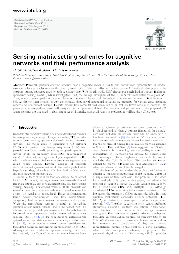 Pdf Sensing Matrix Setting Schemes For Cognitive Networks And Their
