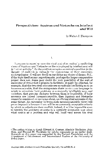 (PDF) Perspectivism: Aquinas and Nietzsche on Intellect and Will