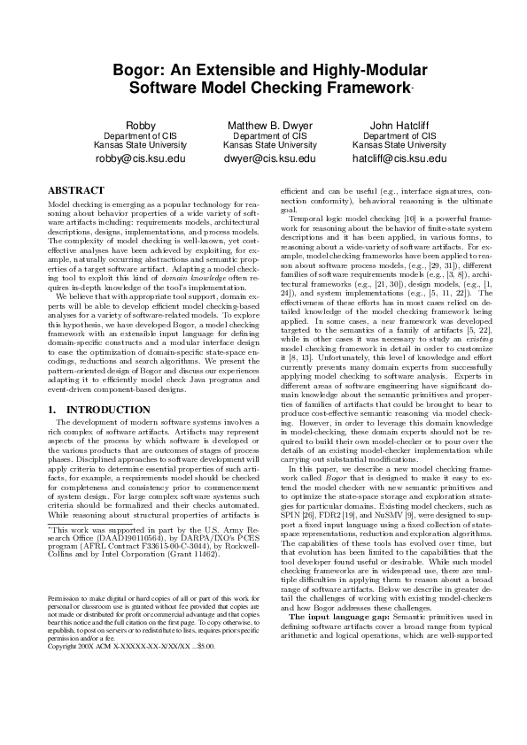 (PDF) Bogor: an extensible and highly-modular software model checking framework