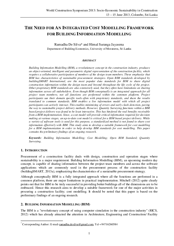 (PDF) The Need for an Integrated Cost Modelling Framework for Building ...