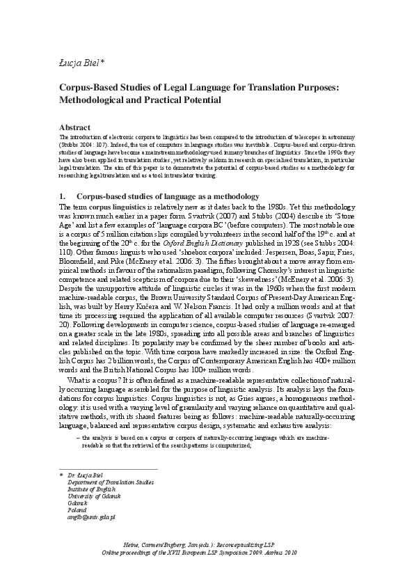 (PDF) Corpus-Based Studies of Legal Language for Translation Purposes