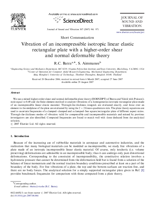 (PDF) Short Communication Vibration of an incompressible isotropic linear elastic rectangular ...