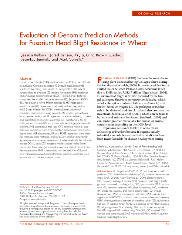 (PDF) Evaluation of Genomic Prediction Methods for Fusarium Head Blight Resistance in Wheat