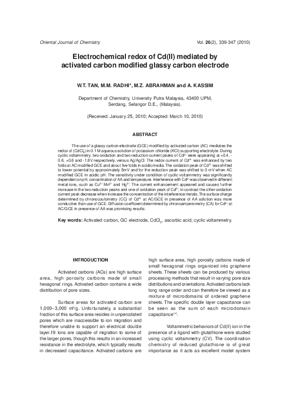 Electrochemical redox of Cd(II) mediated by activated carbon modified glassy carbon electrode