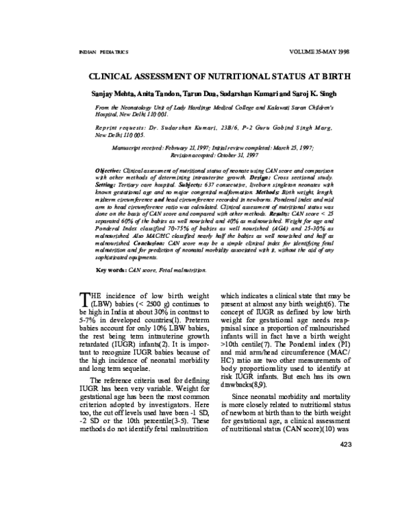 (PDF) CLINICAL ASSESSMENT OF NUTRITIONAL STATUS AT BIRTH