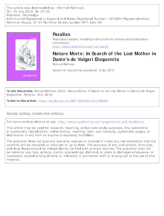 (PDF) Nature Morte: In Search of the Lost Mother in Dante's De Vulgari ...