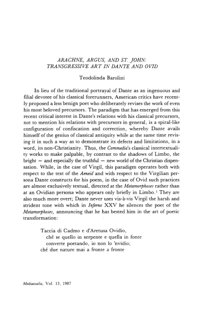 (PDF) Arachne, Argus, and St. John: Transgressive Art in Dante and Ovid