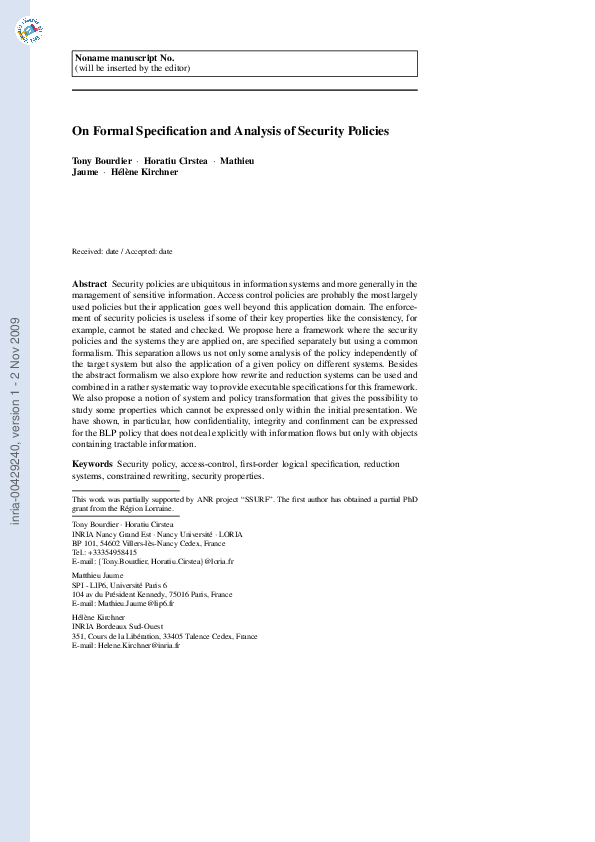 Pdf On Formal Specification And Analysis Of Security Policies