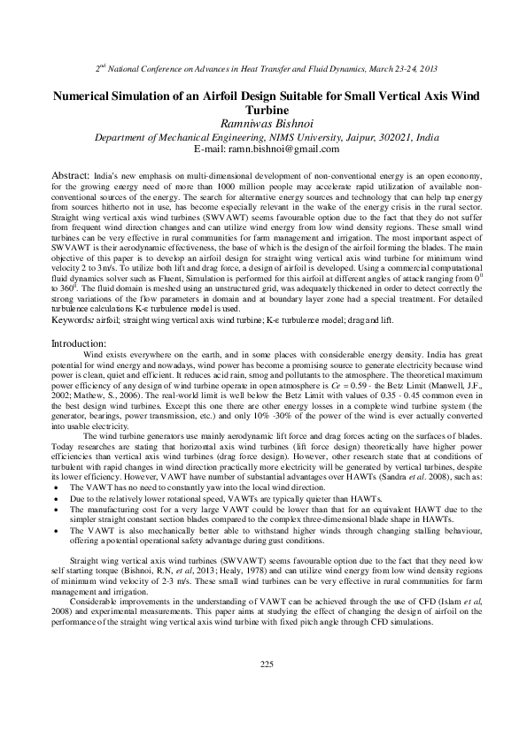 Pdf Numerical Simulation Of An Airfoil Design Suitable For Small Vertical Axis Wind Turbine