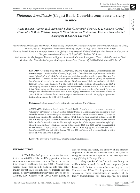 (PDF) Siolmatra brasiliensis (Cogn.) Baill., Cucurbitaceae, acute ...