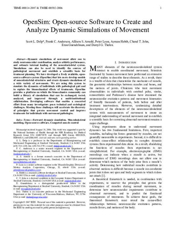Pdf Opensim Open Source Software To Create And Analyze Dynamic Simulations Of Movement