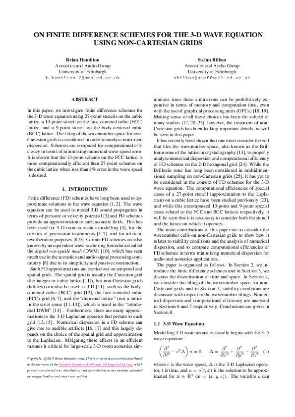 Pdf On Finite Difference Schemes For The 3 D Wave Equation Using Non Cartesian Grids