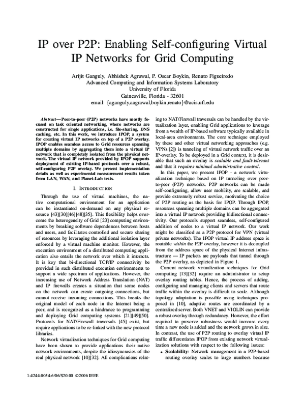 (PDF) IP over P2P: enabling self-configuring virtual IP networks for grid computing