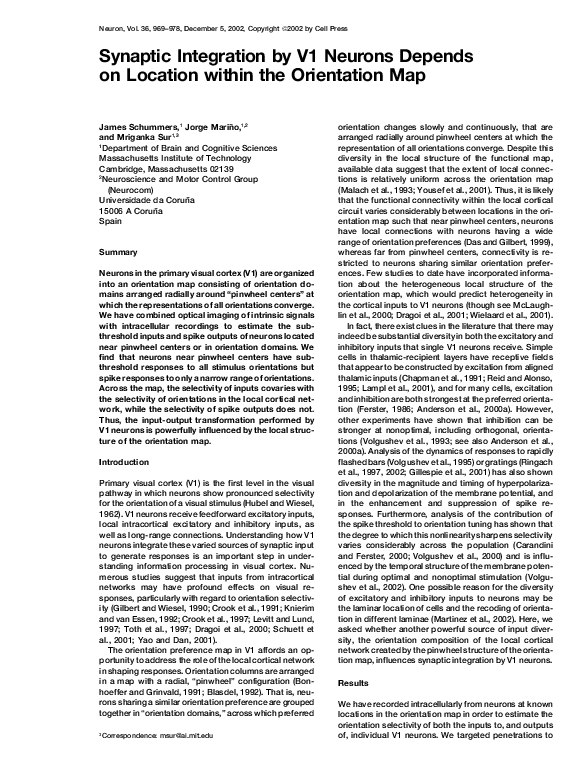 (PDF) Synaptic Integration by V1 Neurons Depends on Location within the Orientation Map