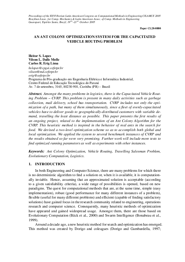 Pdf An Ant Colony Optimization System For The Capacitated Vehicle