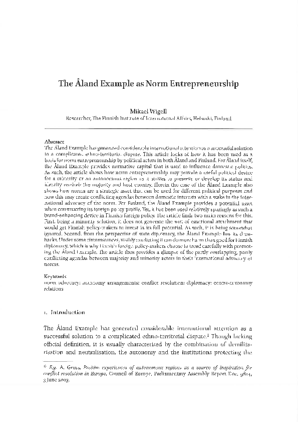 (PDF) The Åland Example as Norm Entrepreneurship | Mikael Wigell ...