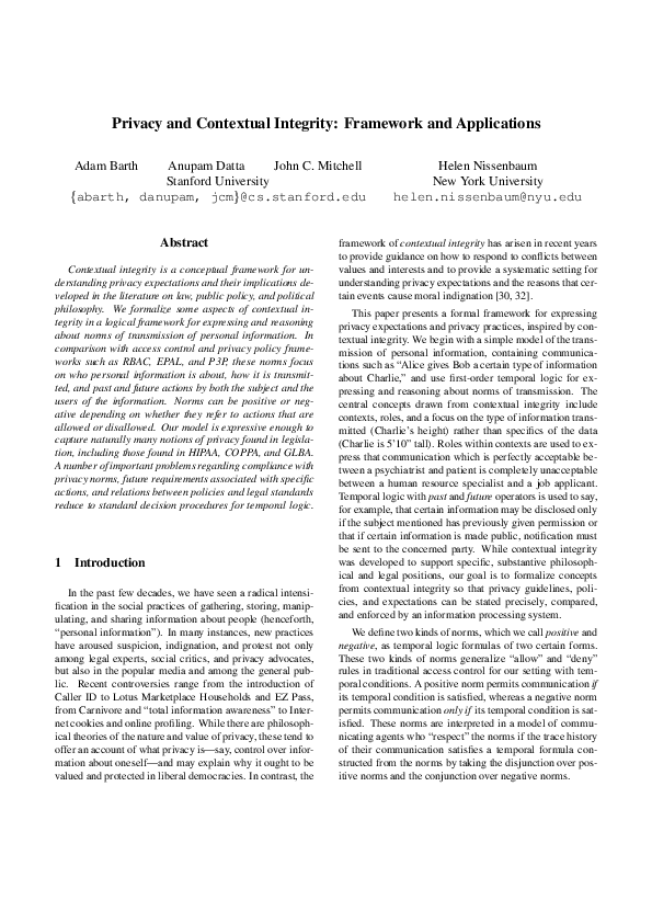 (PDF) Privacy and Contextual Integrity: Framework and Applications