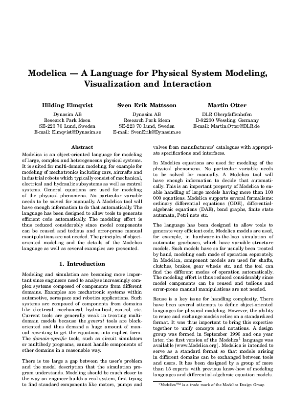 (PDF) Modelica-a language for physical system modeling, visualization and interaction