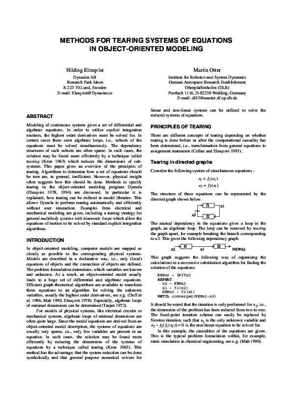 (PDF) METHODS FOR TEARING SYSTEMS OF EQUATIONS IN OBJECT-ORIENTED MODELING