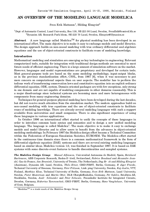 (PDF) AN OVERVIEW OF THE MODELING LANGUAGE MODELICA