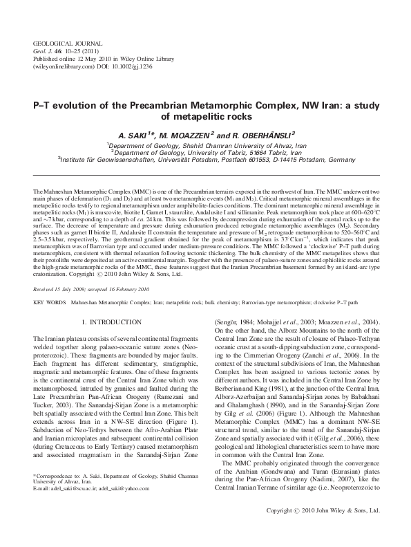 (PDF) P–T evolution of the Precambrian Metamorphic Complex, NW Iran: a ...