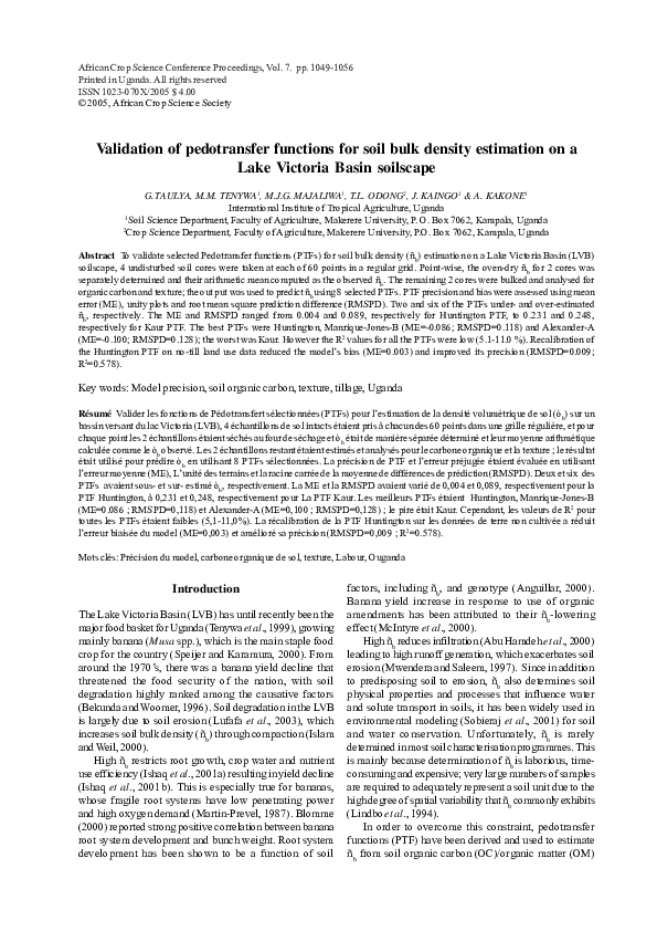 (PDF) Validation of pedotransfer functions for soil bulk density estimation on a Lake Victoria ...