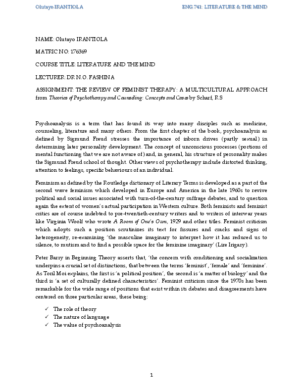 (DOC) THE REVIEW OF FEMINIST THERAPY: A MULTICULTURAL APPROACH from ...