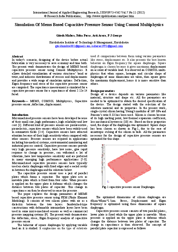 Pdf Simulation Of Mems Based Capacitive Pressure Sensor Using Comsol Multiphysics