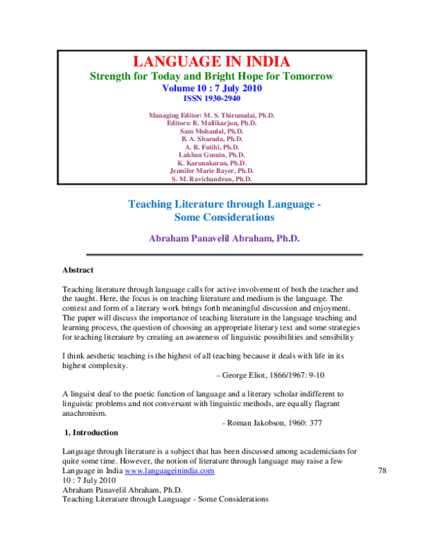 (PDF) Teaching Literature through Language - Some Considerations