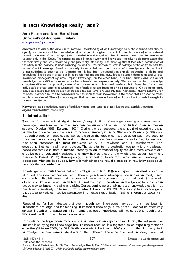 (PDF) Is Tacit Knowledge Really tacit?