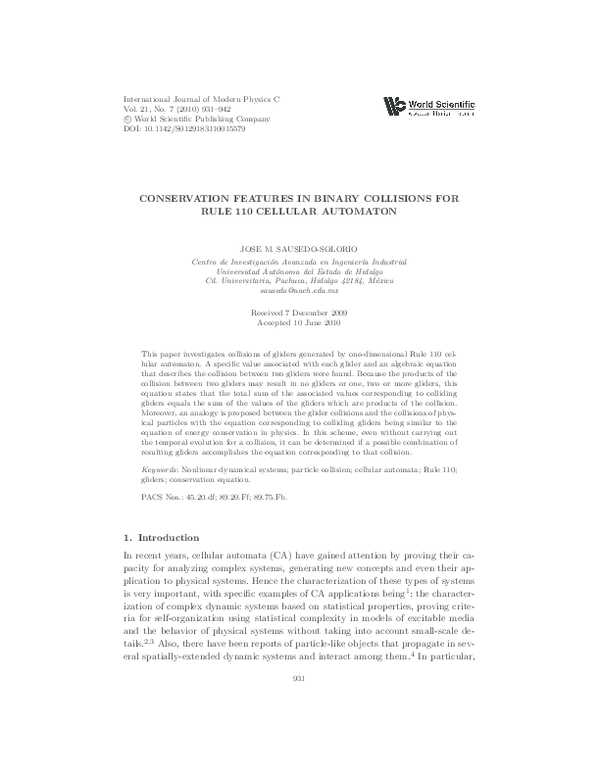 (PDF) CONSERVATION FEATURES IN BINARY COLLISIONS FOR RULE 110 CELLULAR AUTOMATON