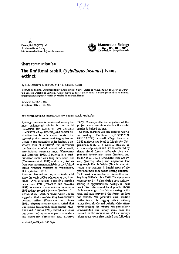 (PDF) The Omiltemi rabbit (Sylvilagus insonus) is not extinct