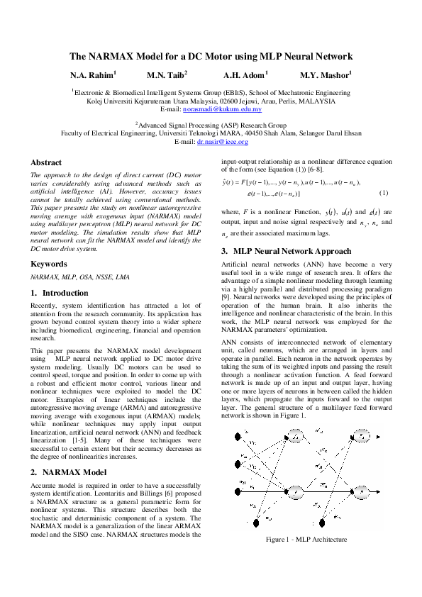 (PDF) The NARMAX Model for a DC Motor using MLP Neural Network