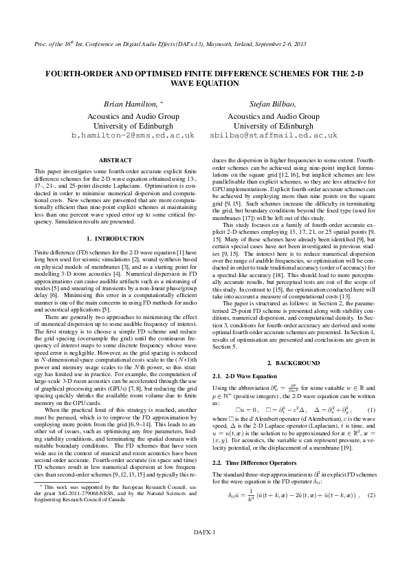 (PDF) FOURTH-ORDER AND OPTIMISED FINITE DIFFERENCE SCHEMES FOR THE 2-D WAVE EQUATION