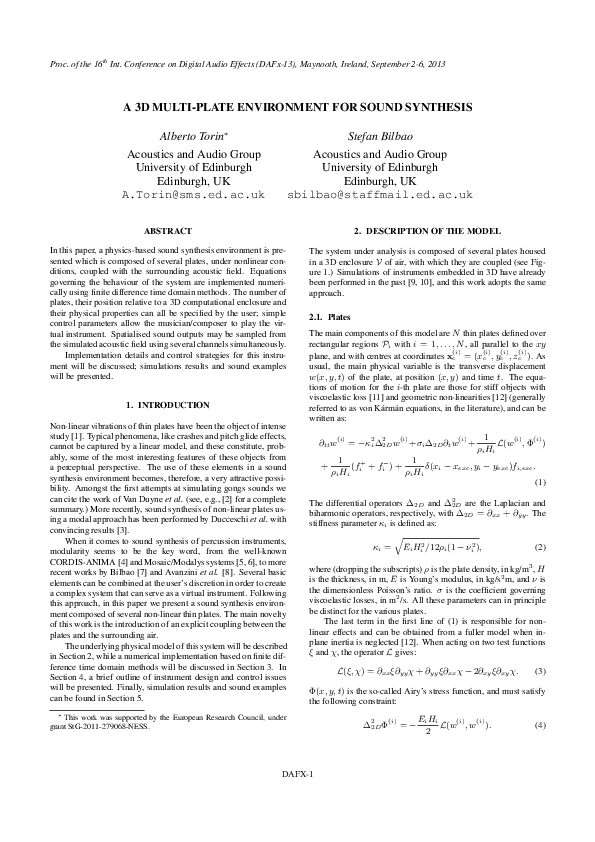 (PDF) A 3D MULTI-PLATE ENVIRONMENT FOR SOUND SYNTHESIS | Stefan Bilbao - Academia.edu