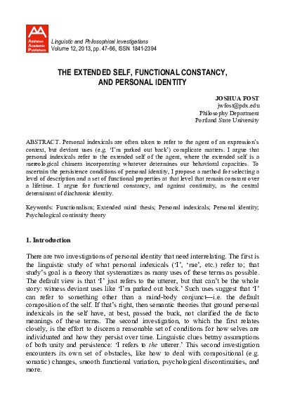 (PDF) The extended self, functional constancy, and personal identity