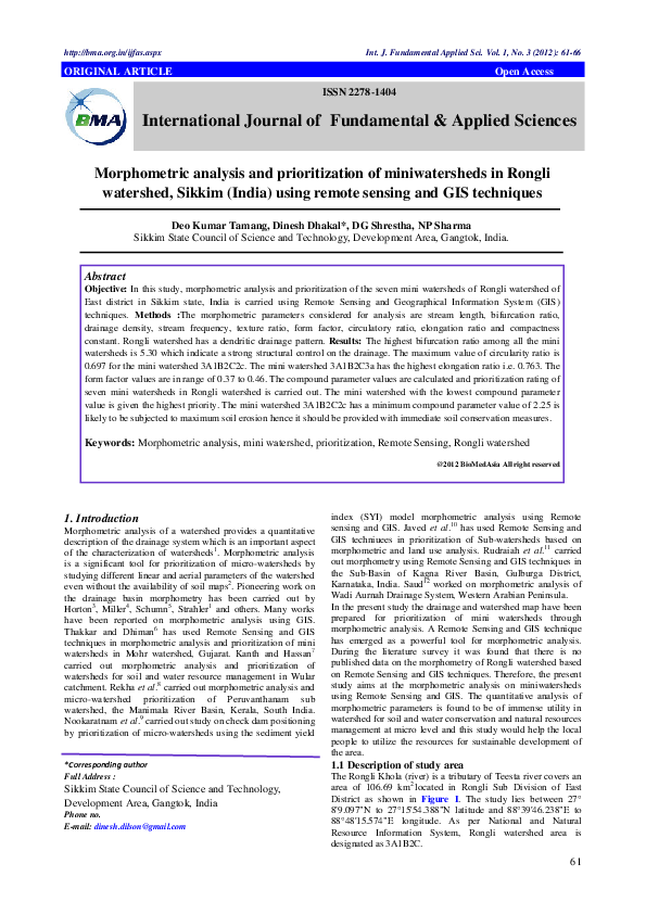 Pdf Morphometric Analysis And Prioritization Of Miniwatersheds In