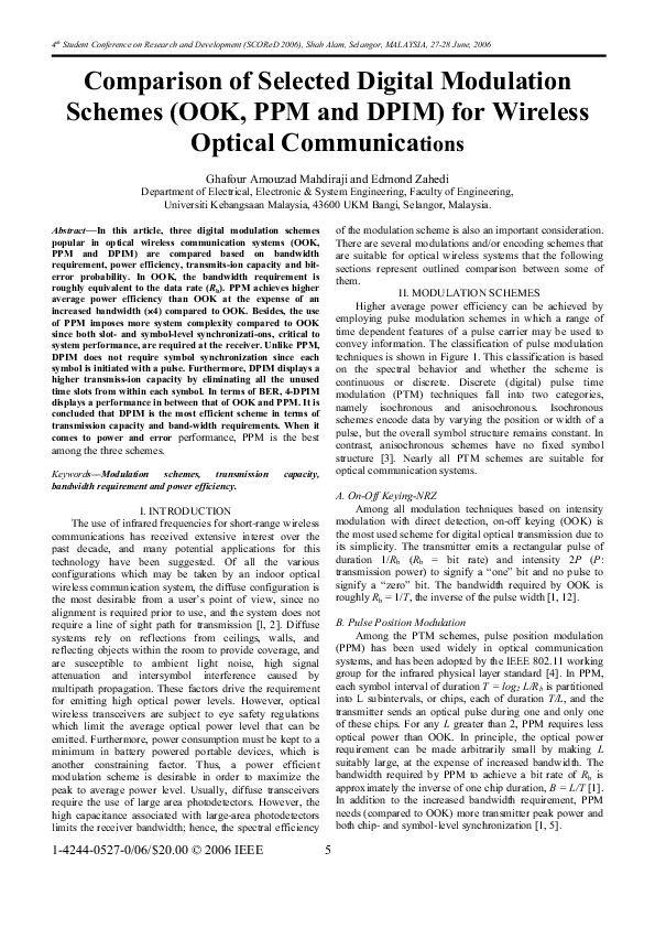 (PDF) Comparison of selected digital modulation schemes (OOK, PPM and ...