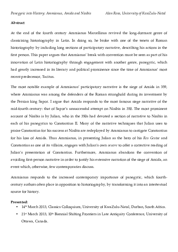 (PDF) Panegyric into History: Ammianus, Amida and Nisibis | Alan J Ross ...