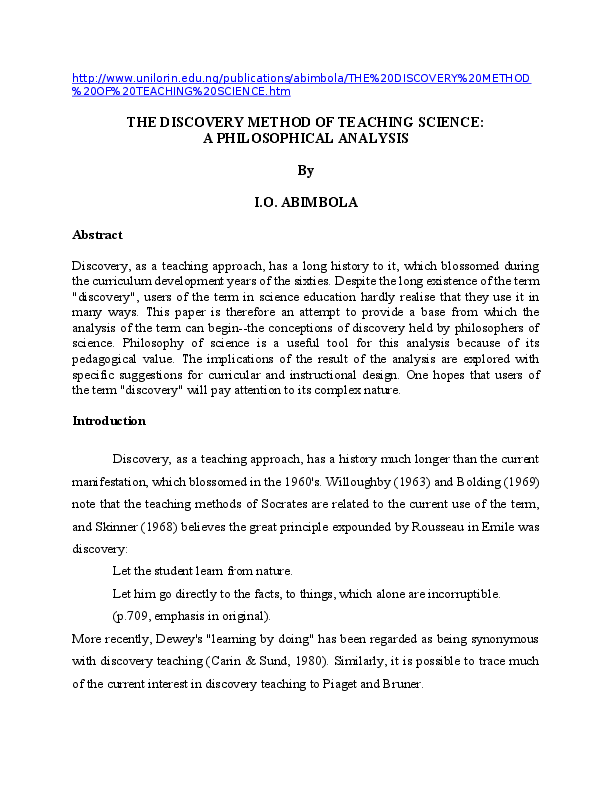 (DOC) THE DISCOVERY METHOD OF TEACHING SCIENCE: A PHILOSOPHICAL ANALYSIS