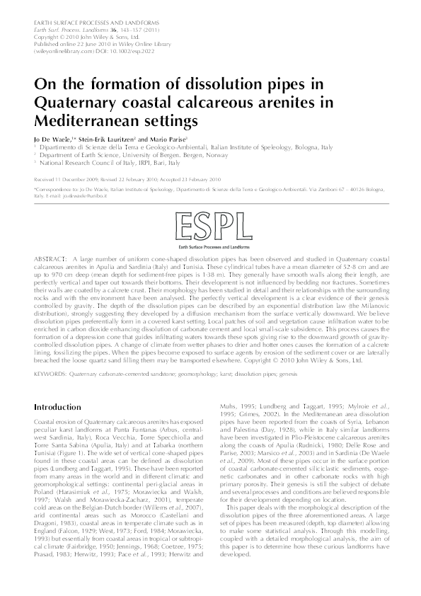(PDF) On the formation of dissolution pipes in quaternary coastal ...
