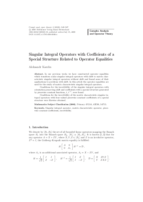 Pdf Singular Integral Operators With Coefficients Of A Special