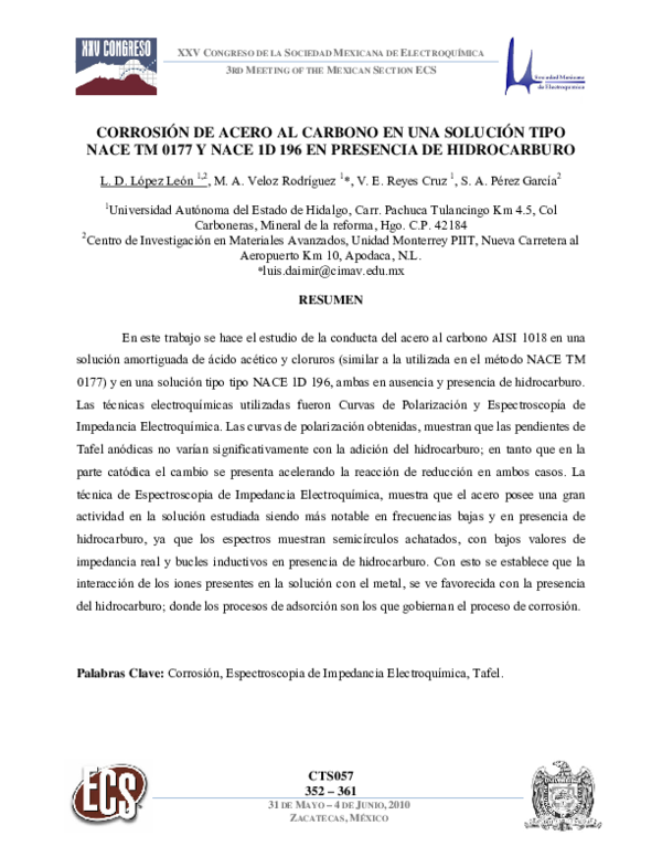 (PDF) Corrosión de acero al carbono en una solución tipo NACE TM 0177 y ...